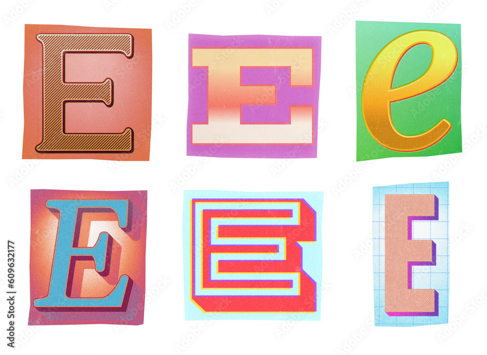 Letter E ransom note paper cut-out collage elements in various graphic ...