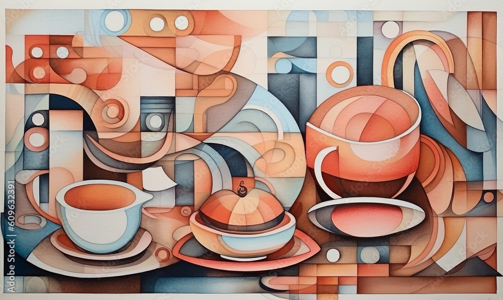 symbols of coffee painted in cubist's watercolor style Stock ...