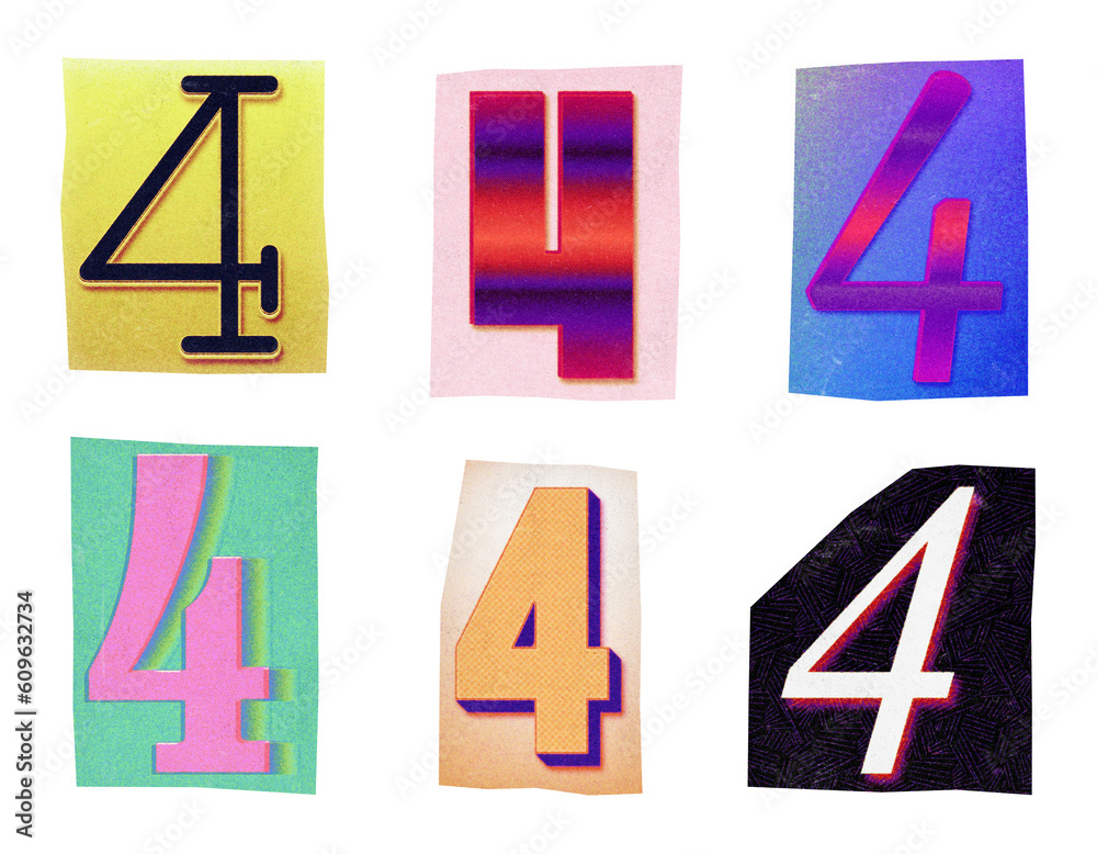 Number 4 ransom note paper cut-out collage elements in various graphic ...