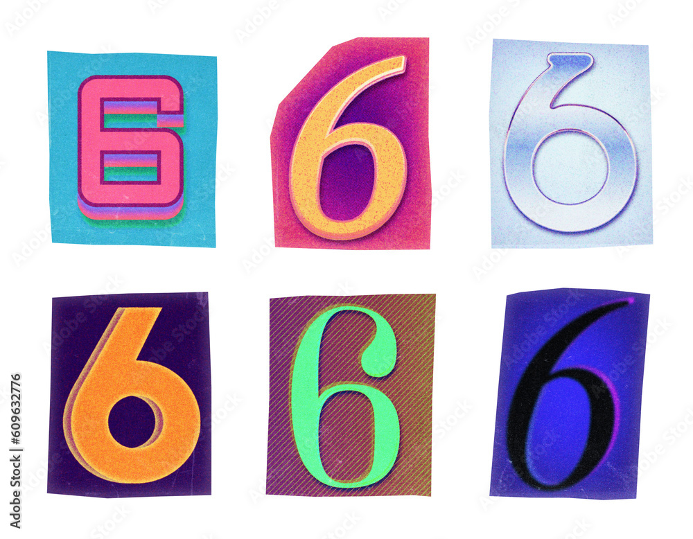 Number 6 ransom note paper cut-out collage elements in various graphic ...