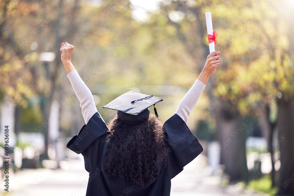 Graduation, back and woman student celebrating academic success or ...