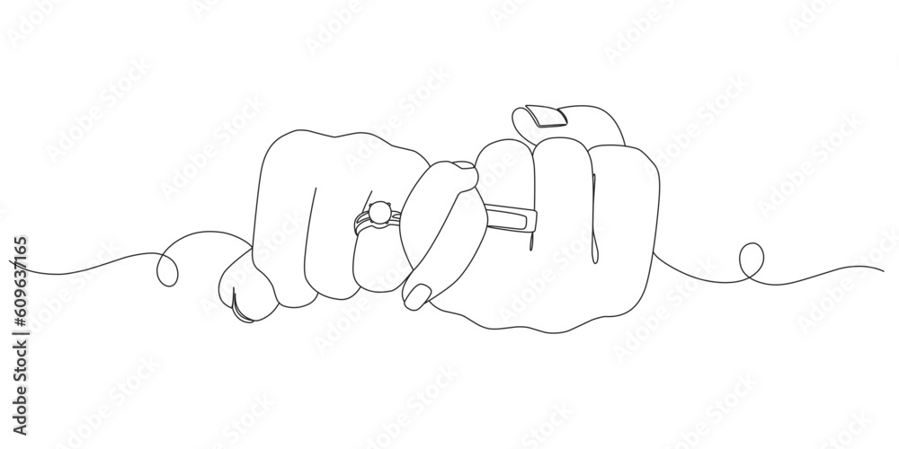 Line art vector illustration of a pair of hands with wedding rings ...