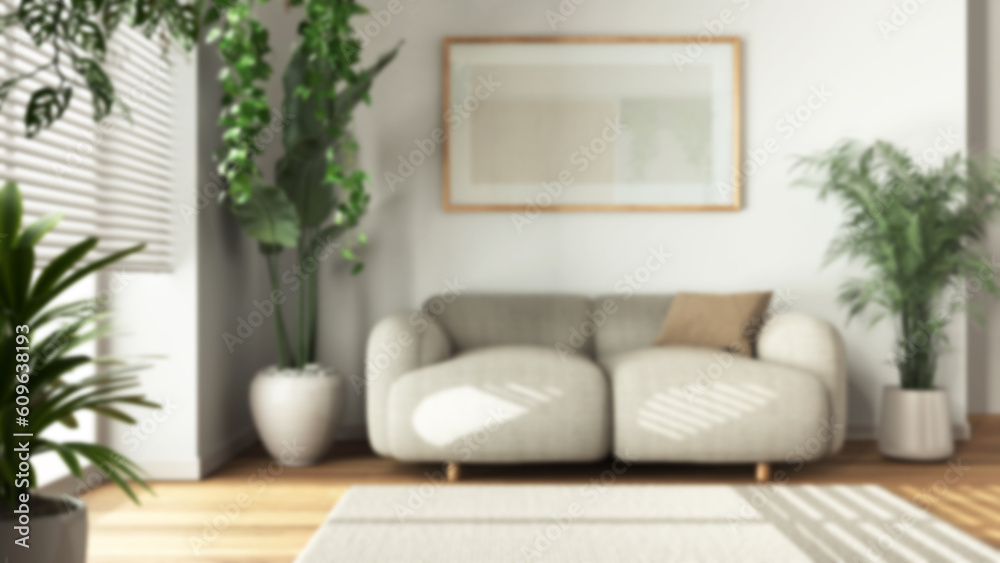 Blurred background, minimal wooden living room with fabric sofa, carpet ...