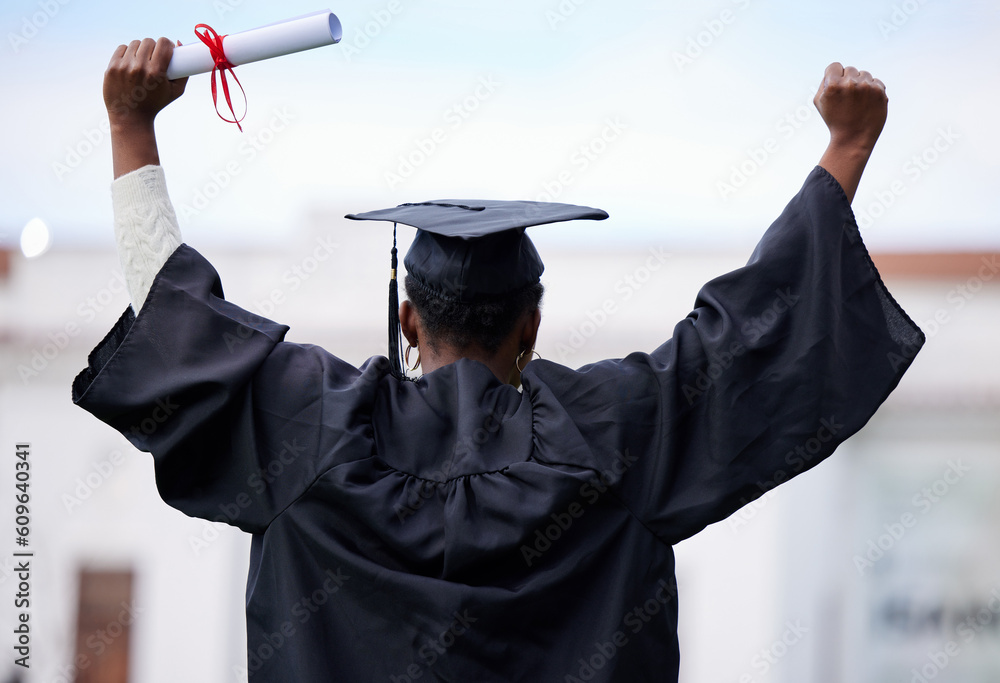 Back, education and black woman with graduation, celebration and ...