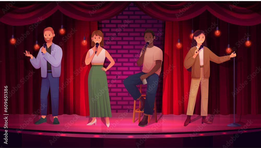 Standup, comedy show with four comedians with mic on stage vector ...