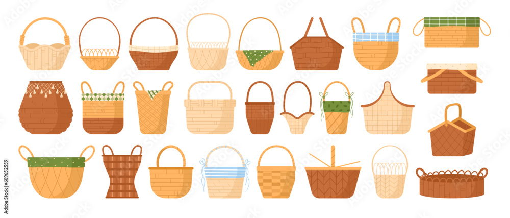 Basket set vector illustration. Cartoon isolated wooden, bamboo and ...