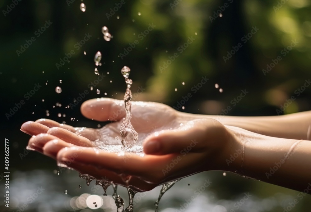 closeup water flow to hand of women for nature concept on the garden ...