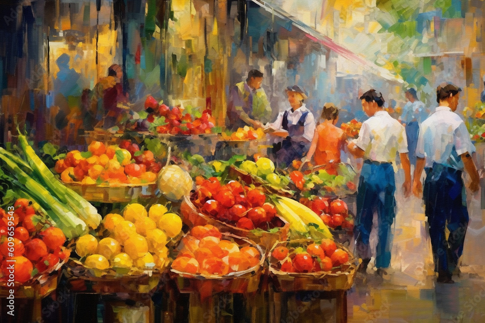 Vibrant oil painting of farmer´s food market with fruit and vegetable ...