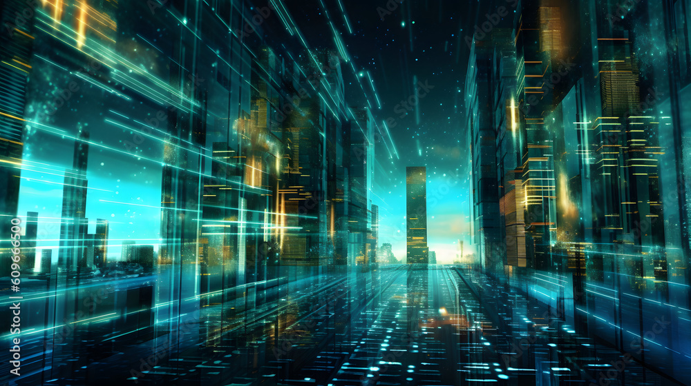 Digital technology building light beams city abstract graphic poster ...