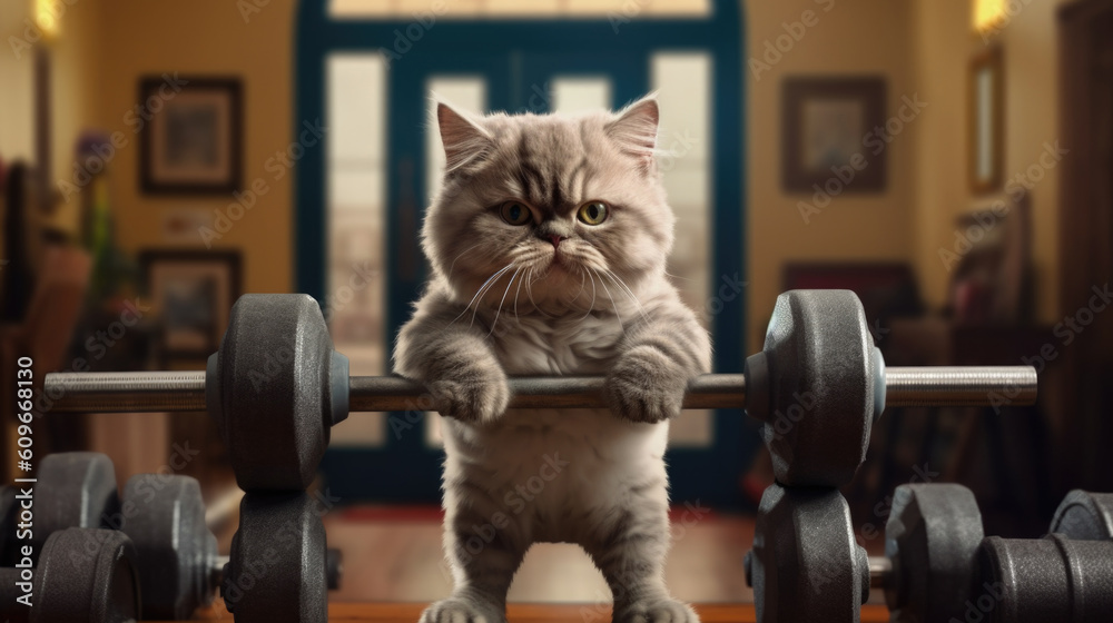 Funny cat in the gym in training, sports, weight loss, healthy ...