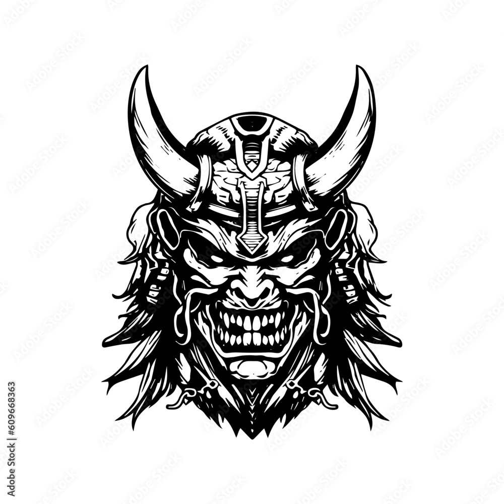 Eerie and captivating hand drawn illustration of a zombie samurai head ...