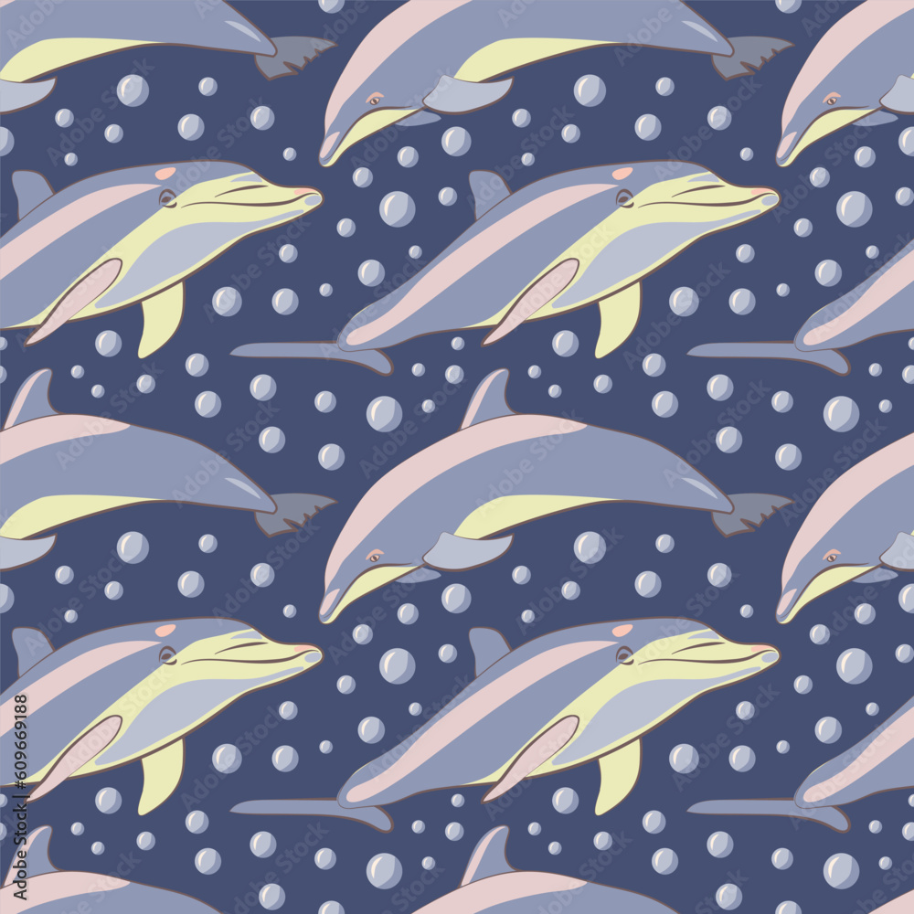 A pattern with two dolphins, with soft pastel colors. Blue background ...
