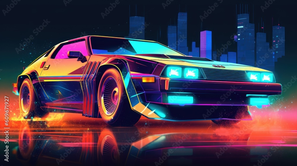 Neon-colored, powerful muscle car tearing through futuristic city at ...