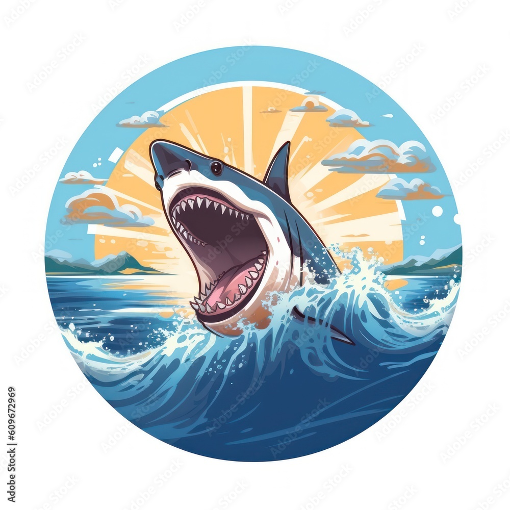 Mako Marvel: Clean Ocean with Sun and Jumping Shark Cartoon Sticker ...