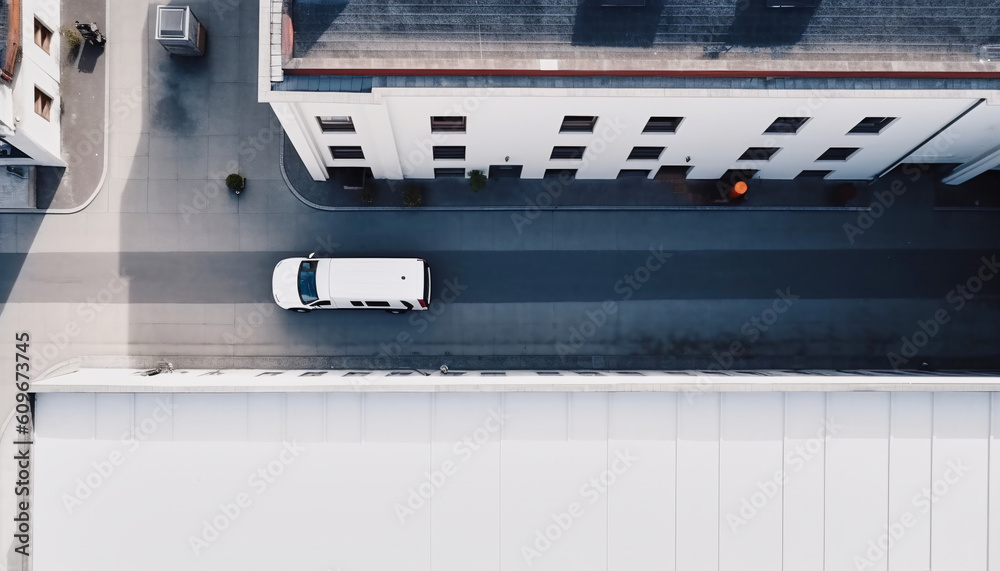 Top view of cargo minibus with blank mock up side on city streets ...