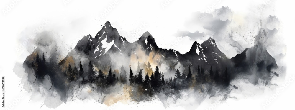 Watercolor painting of beautiful mountains, mountain peak landscape ...