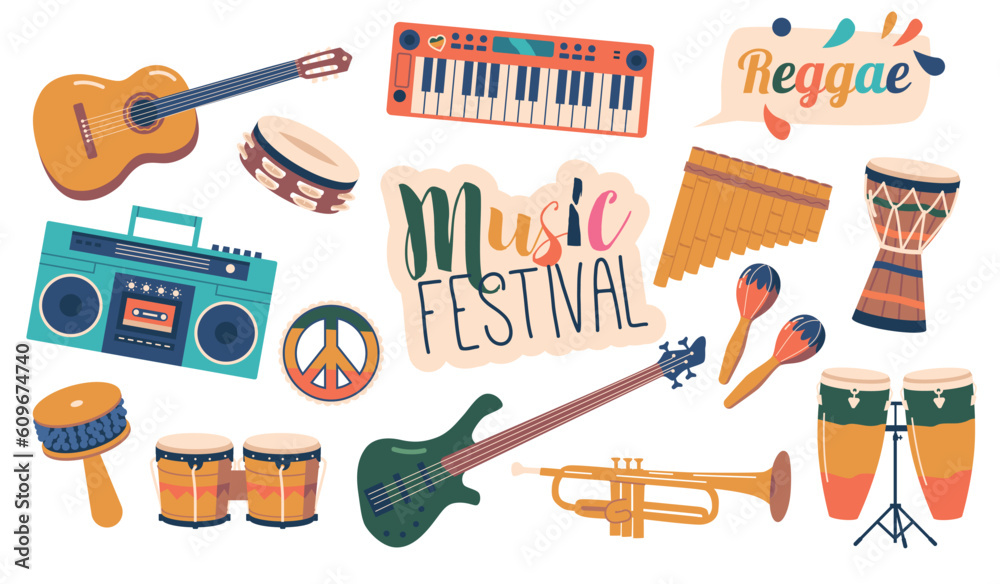 Lively Set Of Reggae Musical Instruments. Drums, Bass Guitar, Electric ...