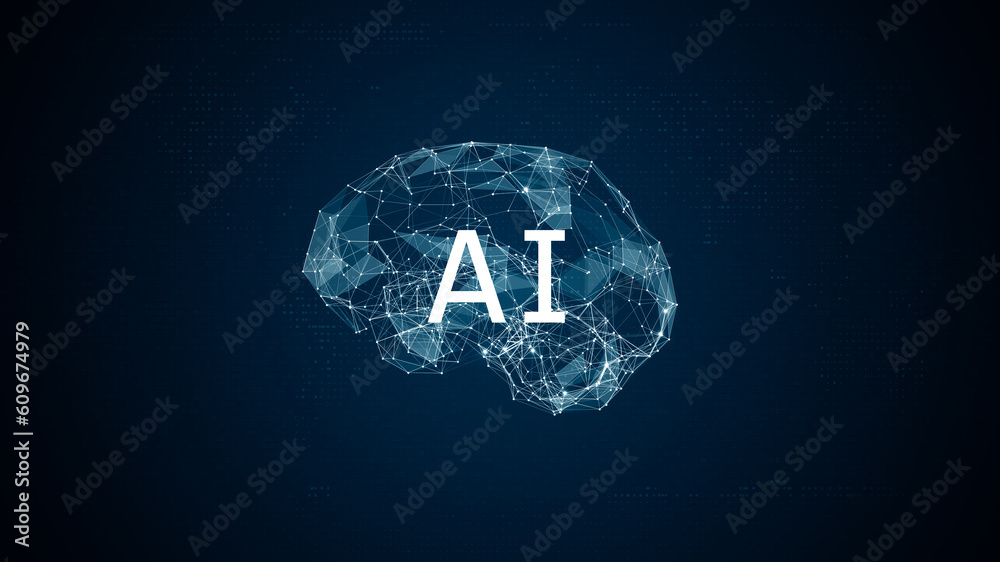 Blue polygon digital brain logo and AI letter with grid line on ...