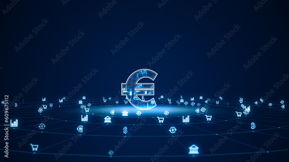 Blue digital money logo with futuristic technology icon and line ...
