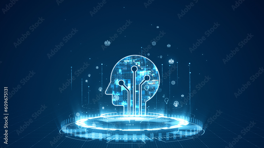 Blue digital robot head logo and circle futuristic HUD with Ai chatbot ...