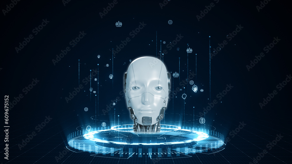 Robot head logo and circle futuristic HUD with Ai chatbot and machine ...