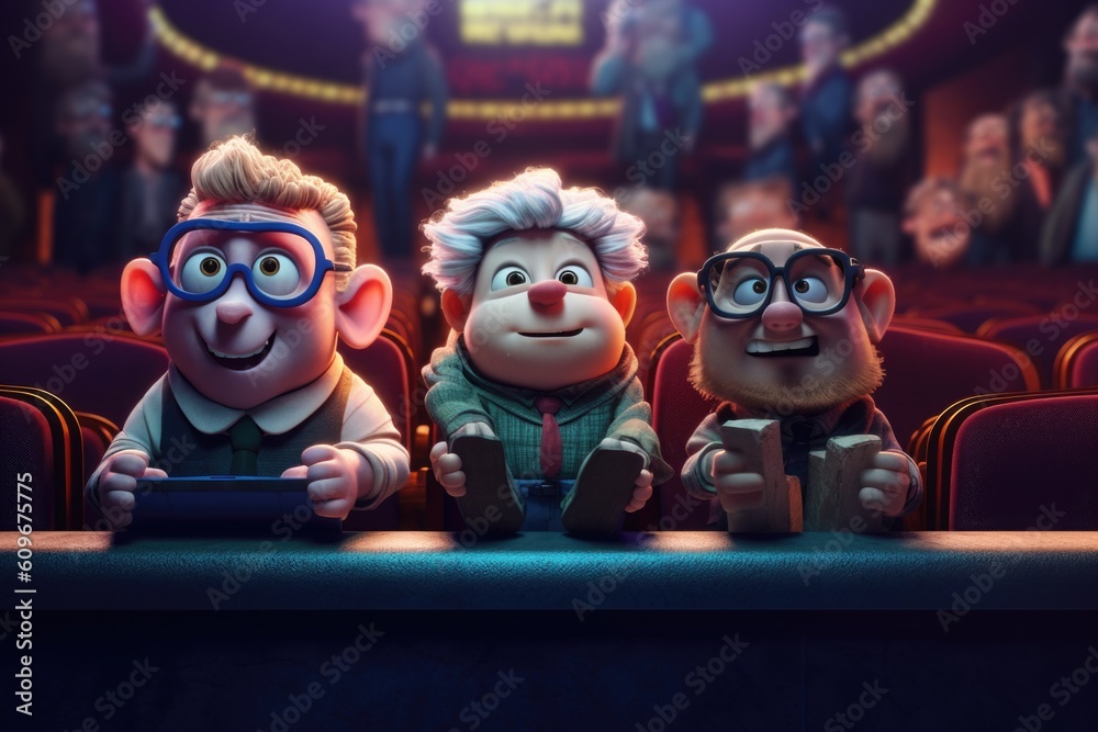 three glasses wearing people watching an animation in 3d at the cinema ...