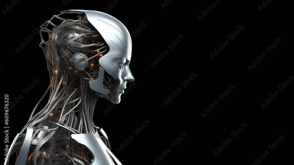 Artificial Humanoid Head. A realistic android head with metal parts and ...