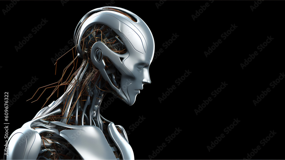 Artificial Humanoid Head. A realistic android head with metal parts and ...