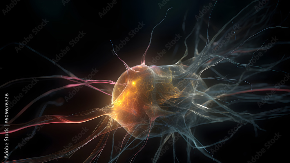 microscopic tiny orange wires structure with blob-like node cell on ...