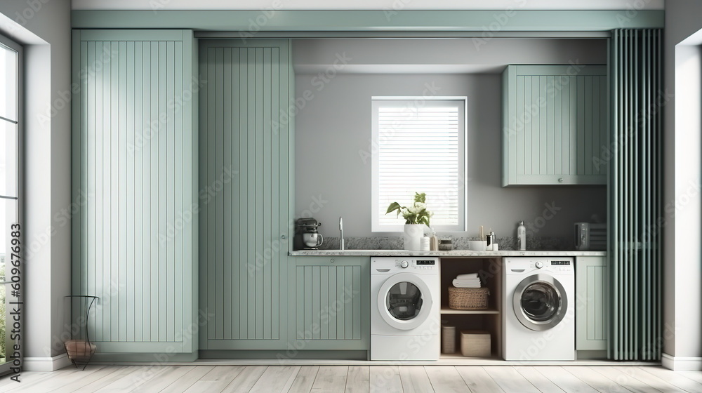white frame, reeded glass panel folding door partition to laundry room ...