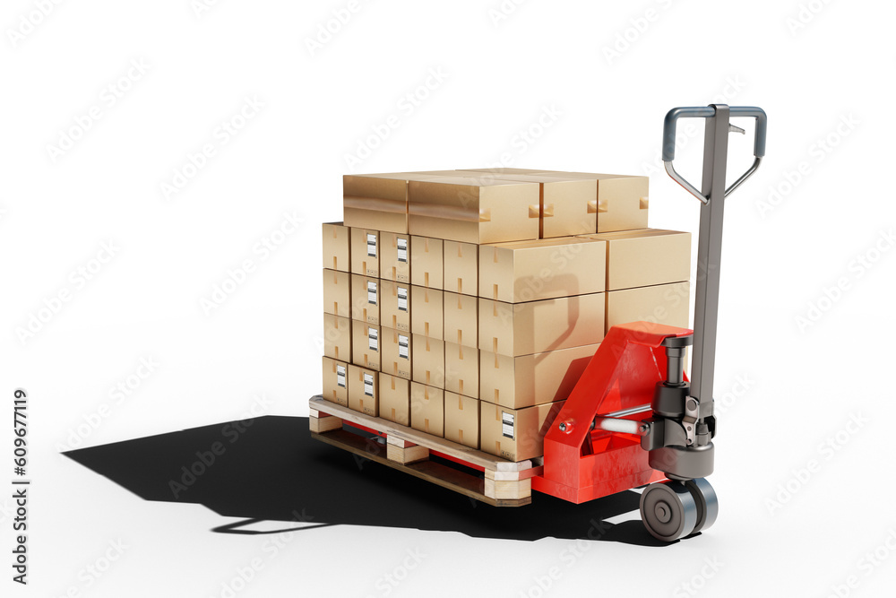 Pallet jack. Warehouse hydraulic trolley with boxes. Manual pallet jack ...