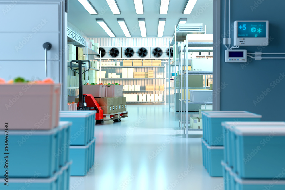 Industrial refrigerated warehouse. Storage for vegetables. Entrance to ...