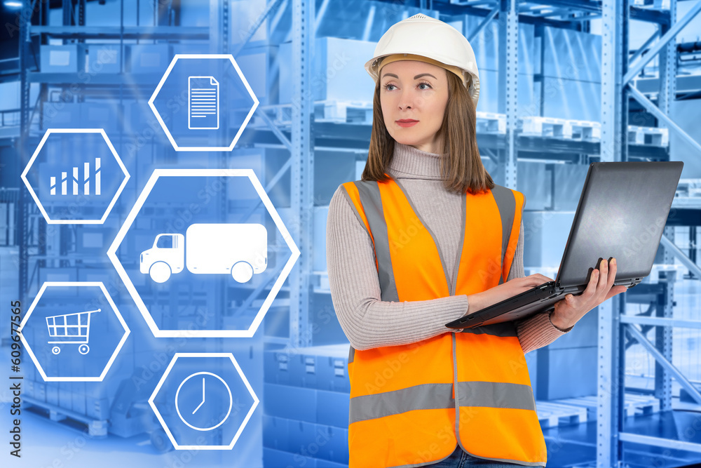 Logistician woman. Dispatcher transport company with laptop. Girl from ...