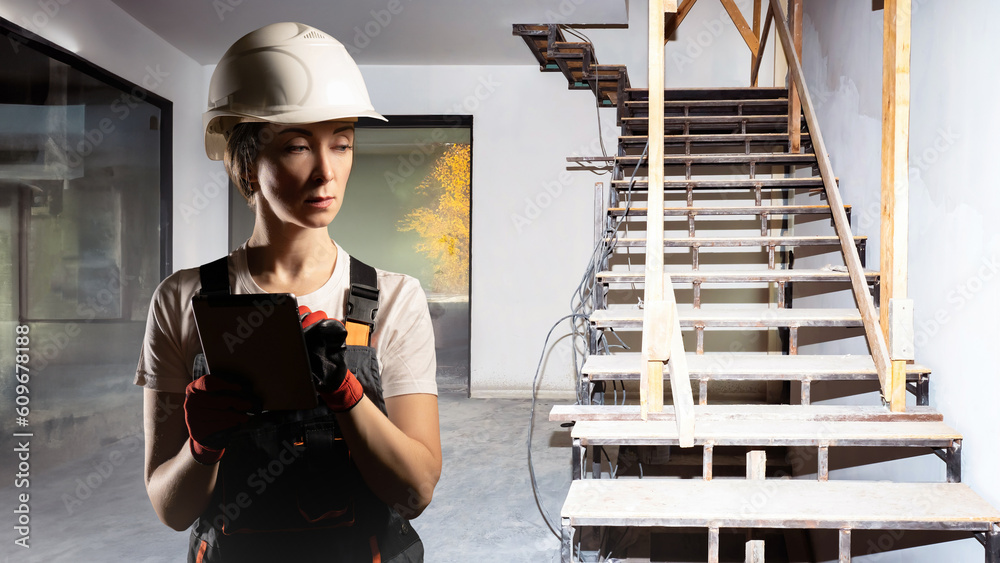 Foto de Woman builder. Girl in building under construction. Business ...