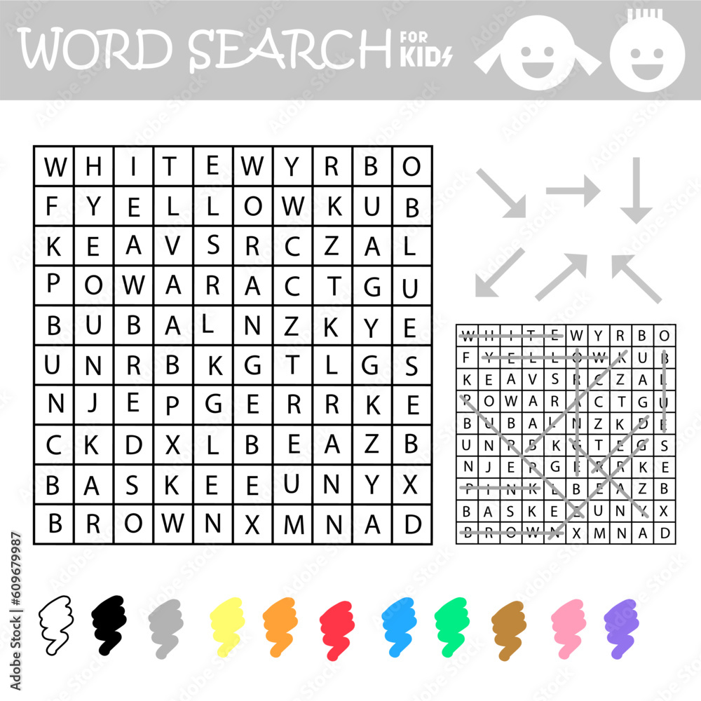 Word search crossword puzzle. Colors. Find the color name words in the ...