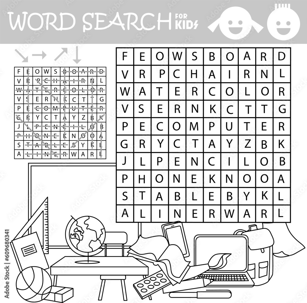 Word search crossword puzzle. School equipment. Find and cross the ...