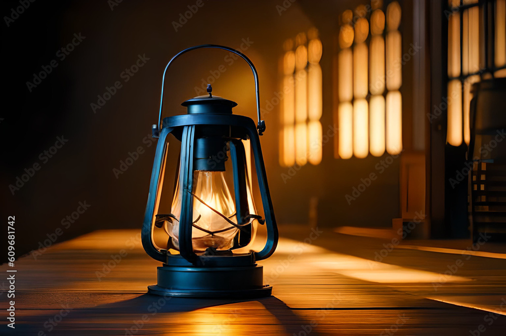 One old style kerosene lantern that illuminates the darkness of a hut ...