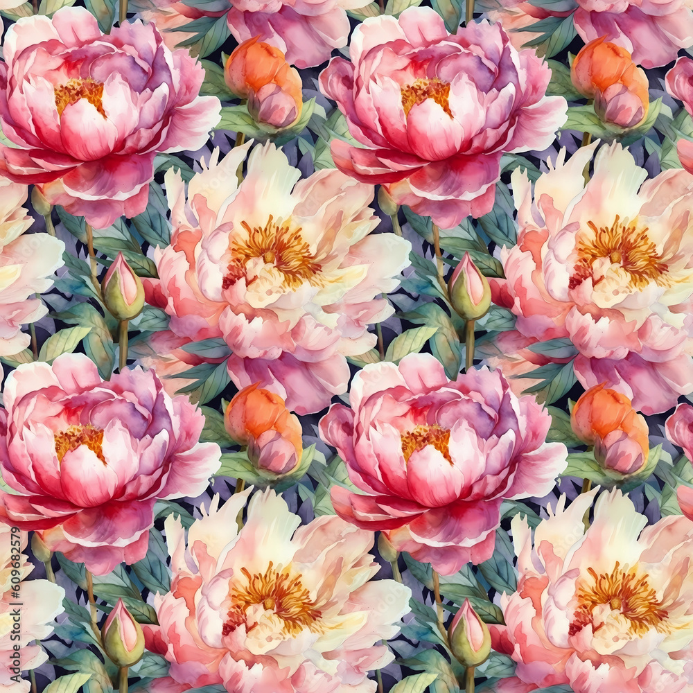 Peach and pink peony blossom seamless pattern. Vintage flowers ...