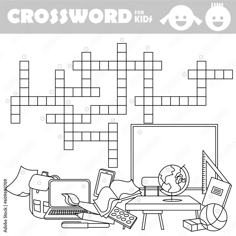 Word search crossword puzzle. School equipment. Find and write the ...