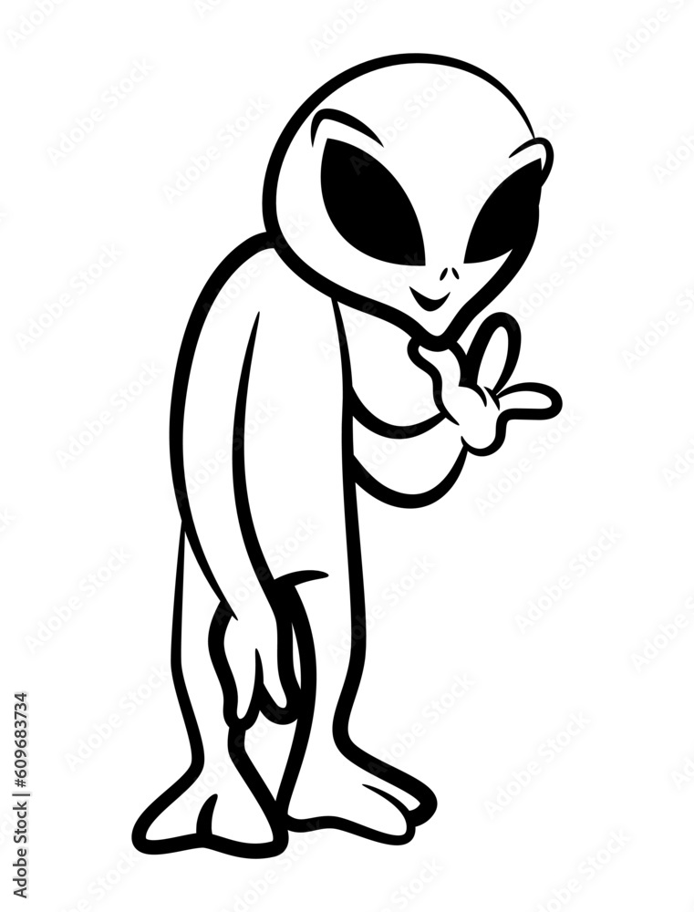 Funny Alien cartoon characters smile and greeting. We come with peace ...