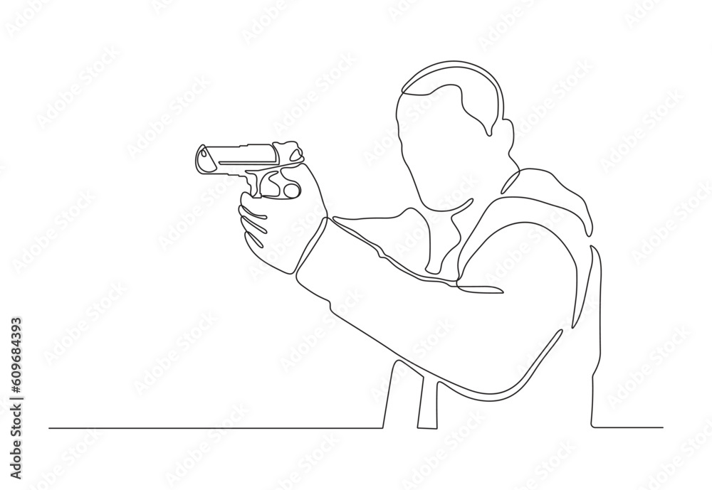 Continuous line drawing of a man holding a guns vector illustration ...