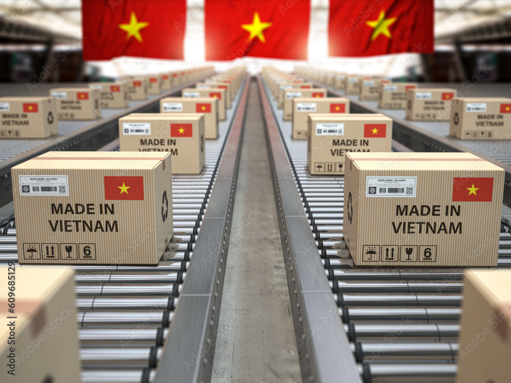 Made in Vietnam. Cardboard boxes with text made in Vietnam and ...