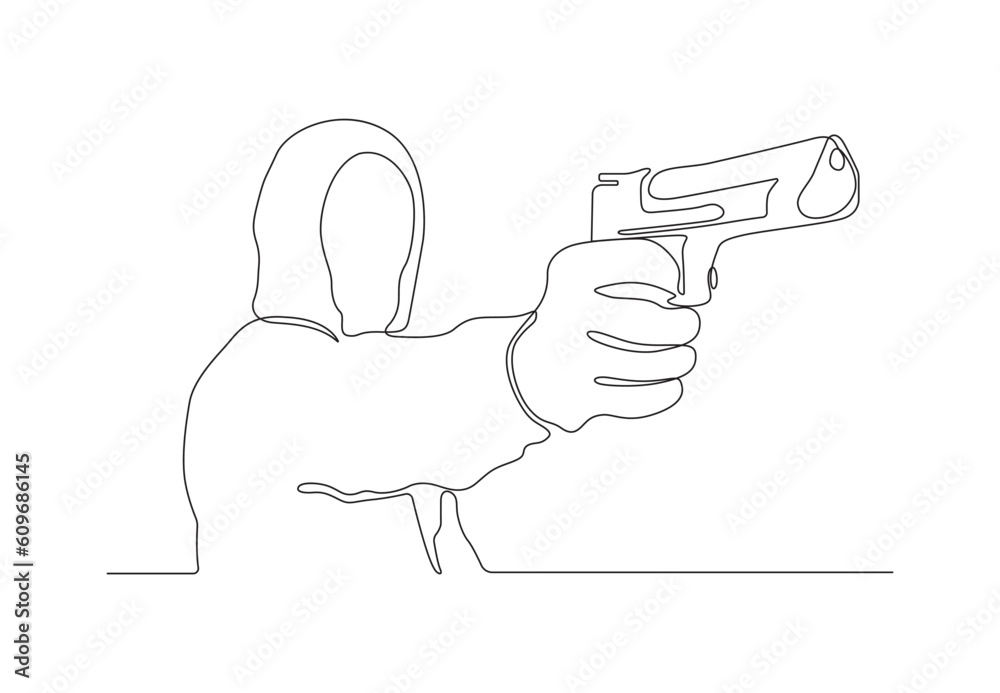 Continuous line drawing of a man holding a guns vector illustration ...