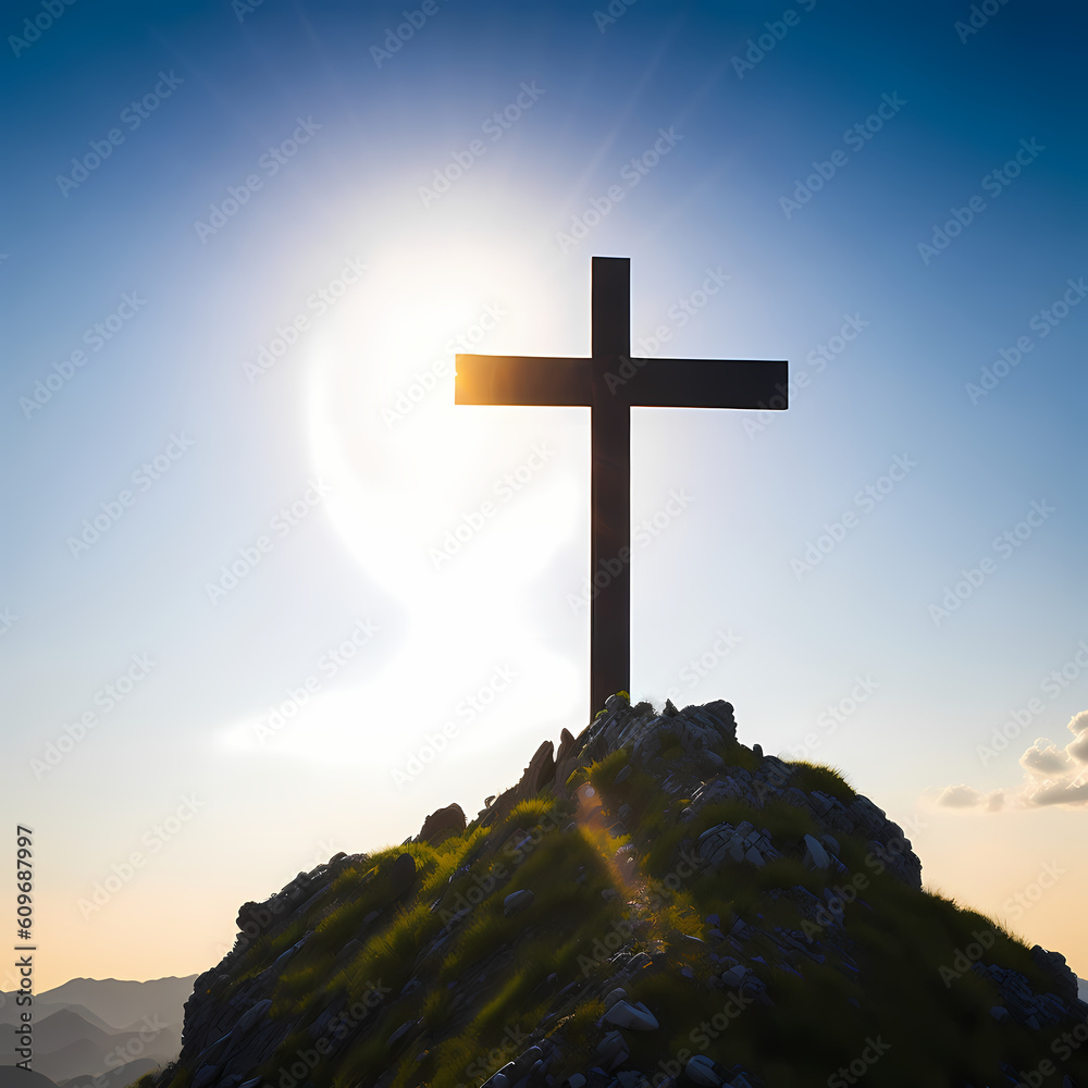 cross on the top of mountain, The cross of God in the rays of the sun ...