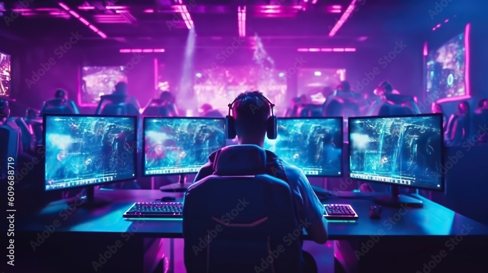 Major esports event, professional gamer playing in offline gaming ...