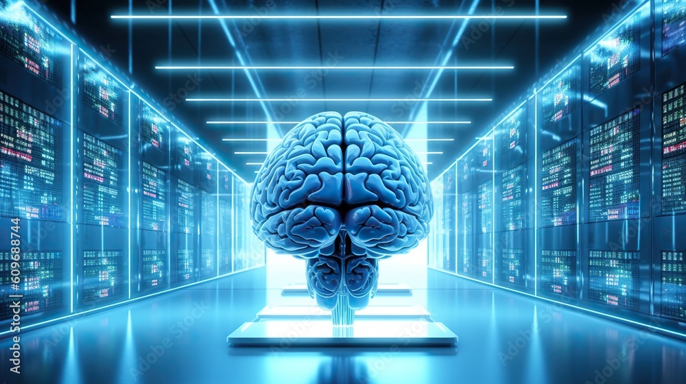 Giant human brain as a supercomputer core in futuristic blue data ...