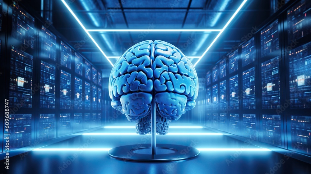 Giant human brain as a supercomputer server in futuristic blue data ...
