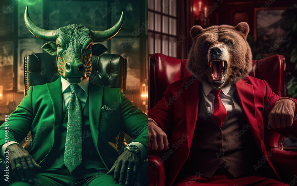 Bull versus bear in suits facing each other, trading on stock market ...