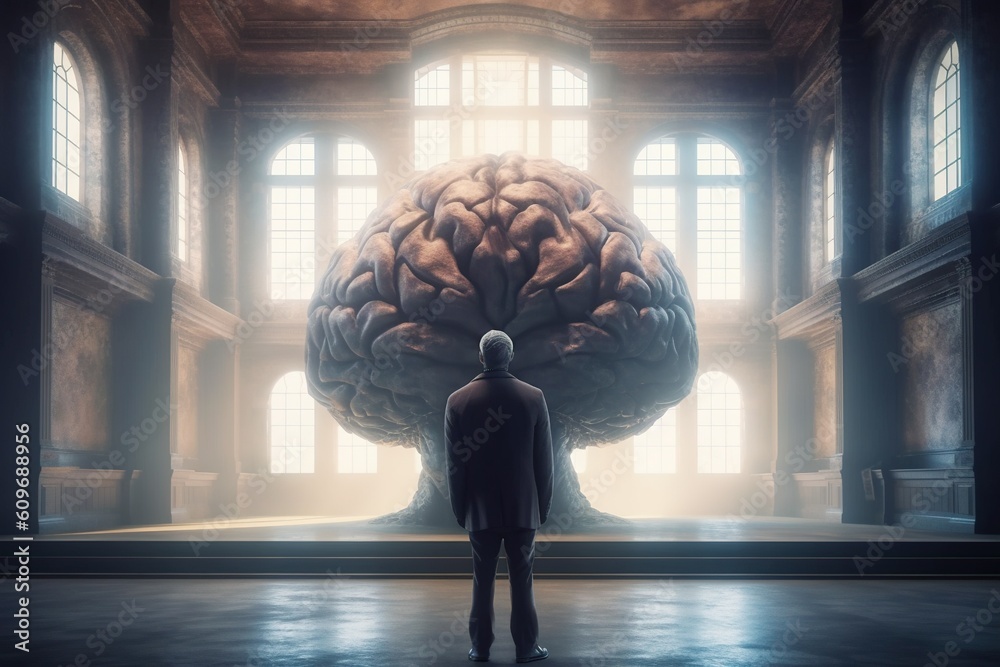 Man standing in front of a surreal giant brain monument, a conceptual ...