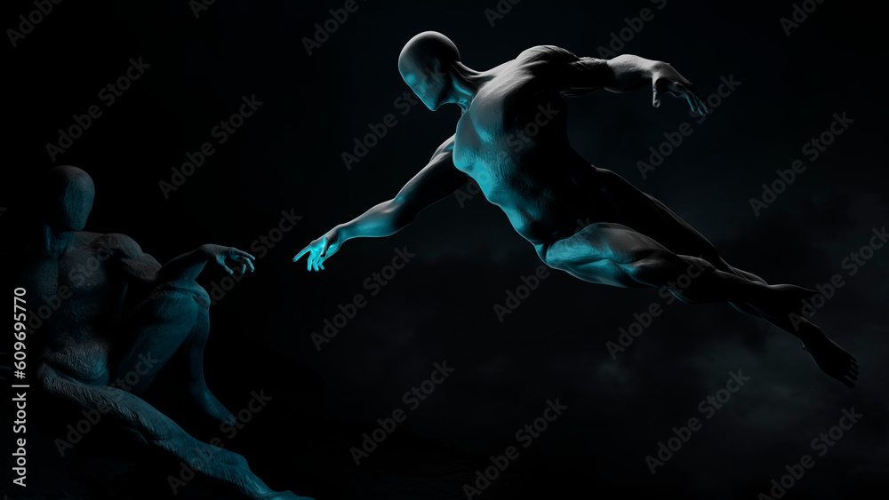 creation of Adam in 3d, the creator and the creation, mystical figures ...